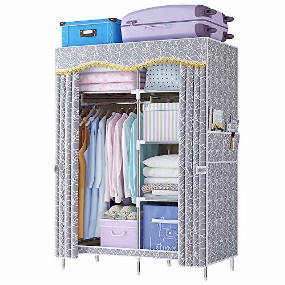 ldab Portable Wardrobe Closet, Bedroom Clothes Closet Storage Organizer with Storage Shelves, Hanging Rack & Side Pockets, 41" L x 18" W x 67" H, Extra Strong and Durable -Grey Pattern