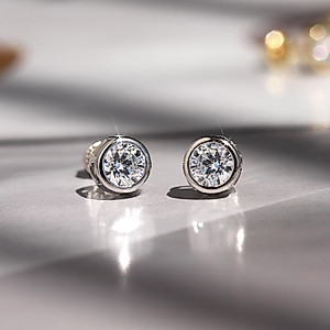 Solid 14K White Gold Earrings Men Women 5mm Round CZ Stone 1 CTW Bezel Studs Screwback Stud Earrings