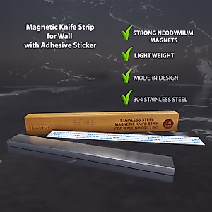 Hamletoff Magnetic Knife Strip for Wall no Drilling – 16 Inch Stainless Steel Magnetic Knife Holder with Neodymium Magnet Strong Adhesive Tipe - Lightweight Kitchen Magnet Knife Bar