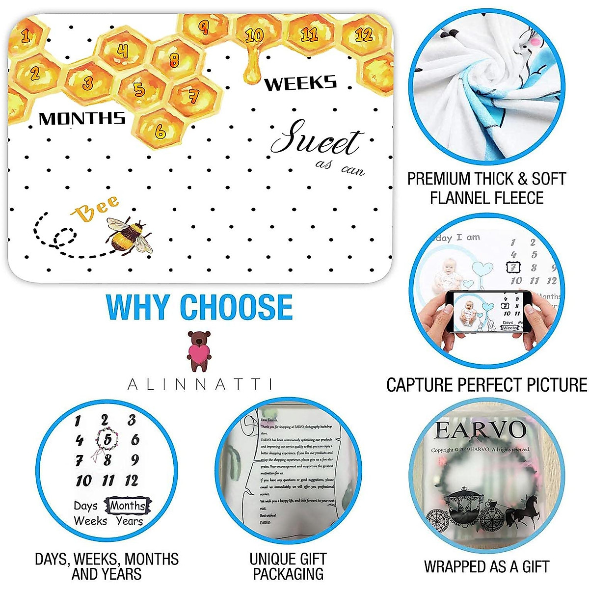 EARVO Honeycomb Bee Baby Monthly Milestone Blanket Boy or Girl Honeycomb Bee Baby Month Blanket Hippie Honey Backgrounds Milestone Blanket for Newborn to 12 Months Milestones 47”x40”BTXYEA23