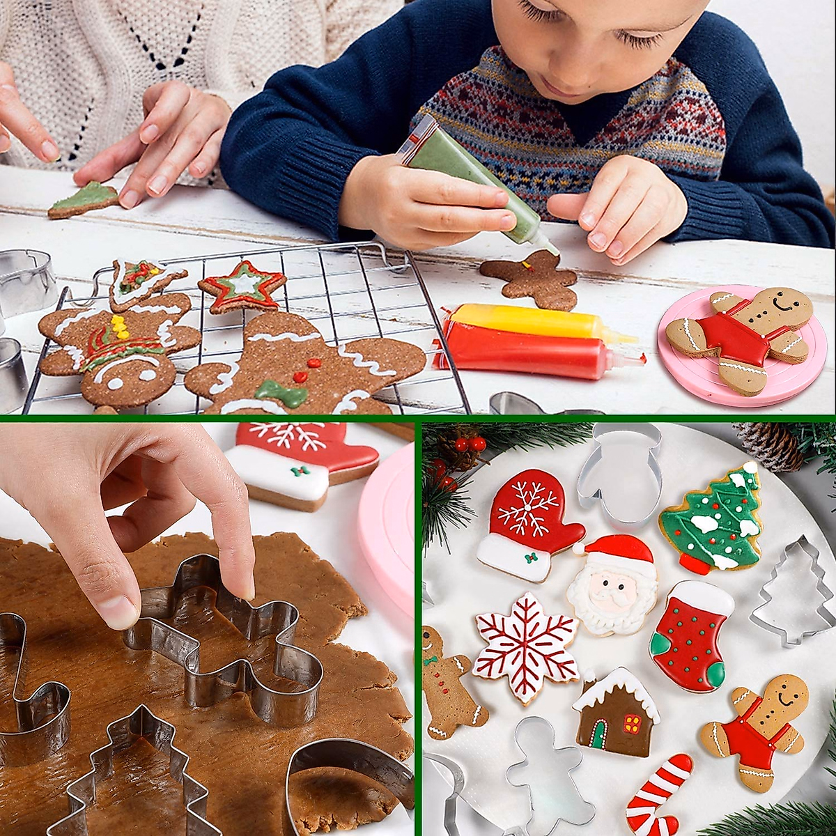 Large Christmas Cookie Cutters, 4" Holiday Cookie Cutters Shape with Recipe Instruction Gingerbread Men,Christmas Tree,Snowflake, Candy Cane,Santa Face and Snow Man for Baking