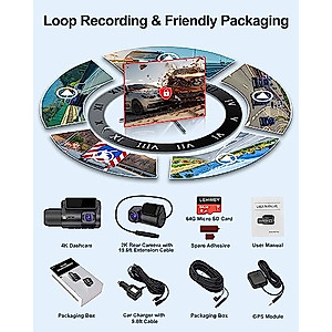 Dash Cam Camera For Cars Dashcam - Lehwey 3 Channel Dash Camera 4k 2160P+1440P+1080P Front Rear Inside, Built in WiFi GPS, With 64GB Card, Night Vision, G-Sensor Parking Mode, 170°Angle Loop Recording