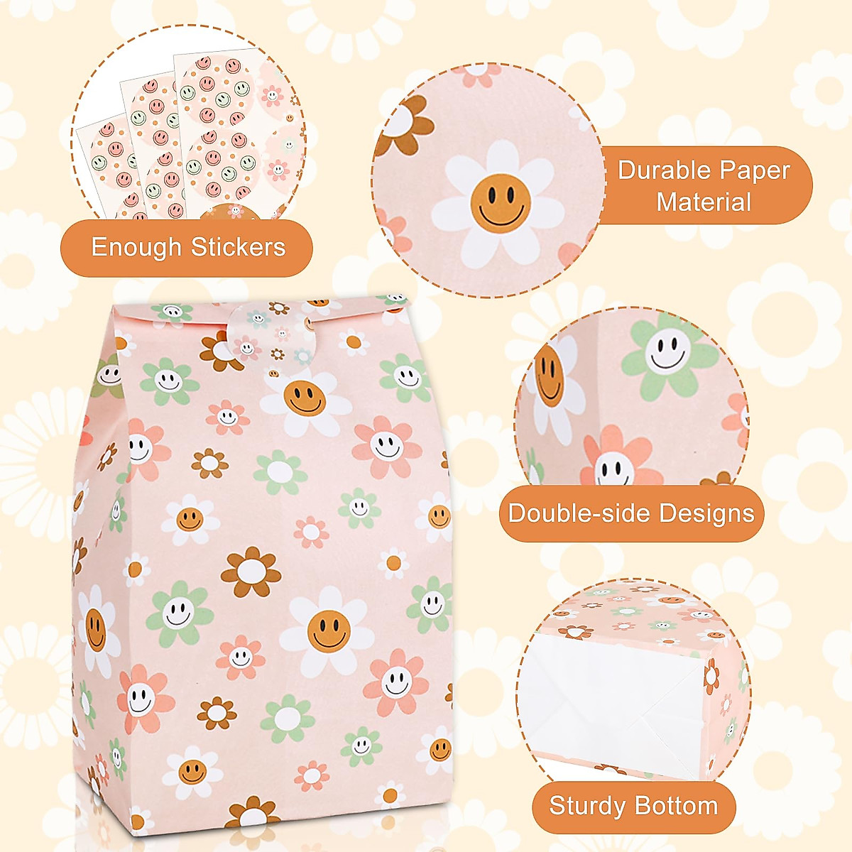 AnyDesign 24Pcs Vintage Boho Party Favor Bags 6 Designs Smile Daisy Paper Gift Bags with Sticker Decals Retro Checkered Goodie Treat Bags for Baby Shower Birthday Party Supplies Gift Wrap