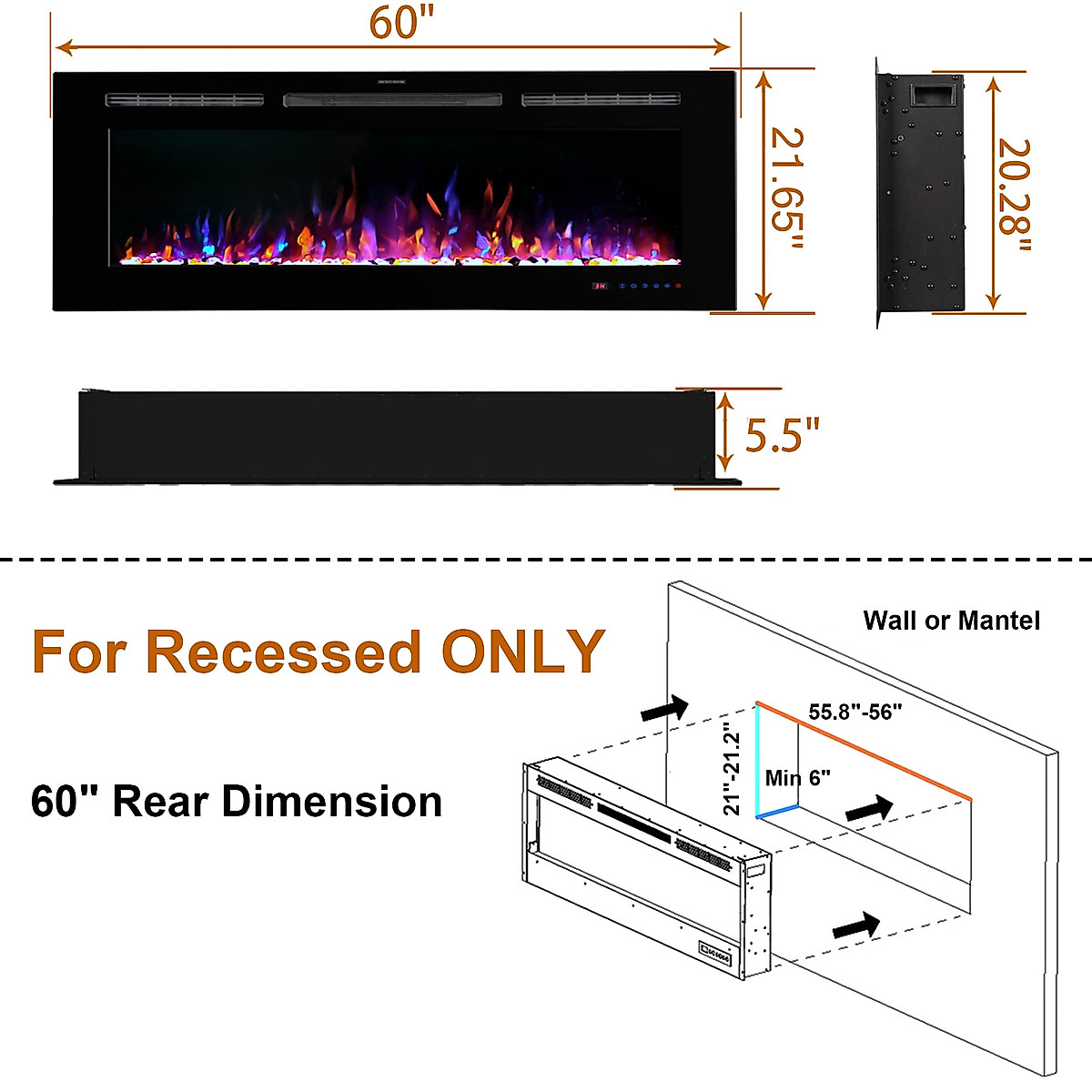 Dreamflame 60 inch Electric Fireplace, in Wall Fireplace Electric Heater,Remote & Touch Screen,Logs/Crystal Options, Thermostat,Overheating Protection, 0-9H Timer
