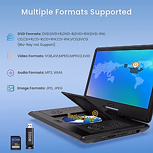 WONNIE 16.5" Portable DVD Player with 14.1" Large HD Swivel Screen, 6 Hours Rechargeable Battery, High Clear Volume Speaker, Support USB/SD Card/Sync TV, Last Memory and Multiple Disc Formats
