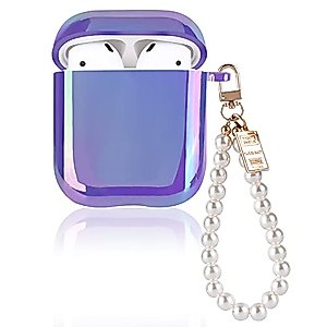 Glitter Laser Case for AirPods 2/1 with Pearl Wrist Bracelet Chain Keychain Soft TPU Protective Case for Women Girls Kids Cover Compatible with AirPod 2nd &1st Gen -Lilac Purple