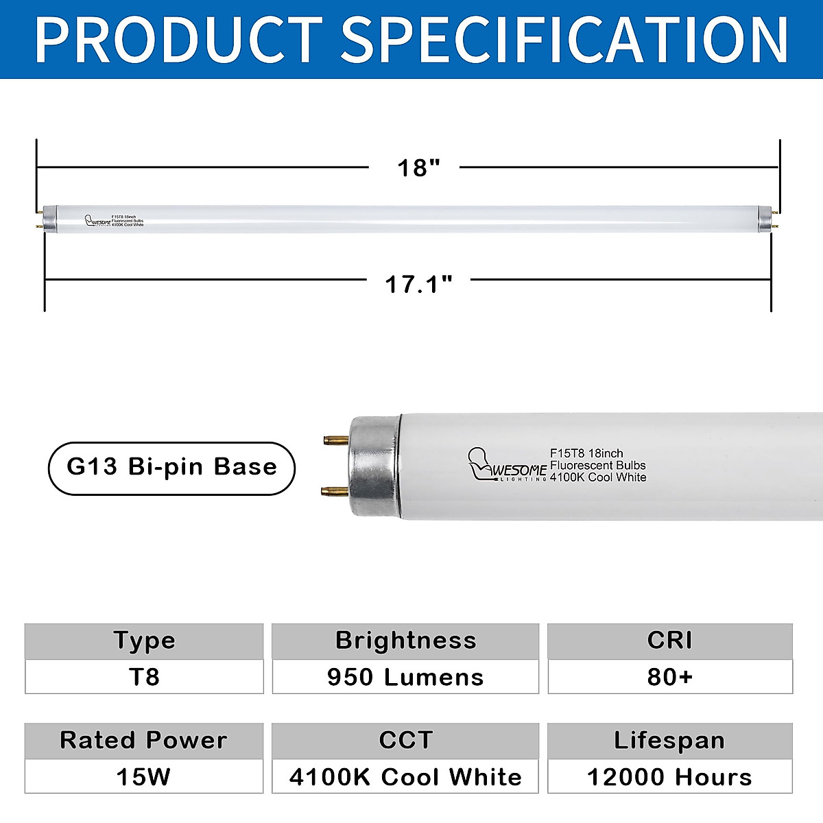 Wesome Lighting 18 Inch F15T8/CW Fluorescent Light Bulbs, Cool White 4100K, T8 15 Watts Fluorescent Bulb Replacement Tube for Counter and Cabinet Fixture, G13 Base - 4 Pack
