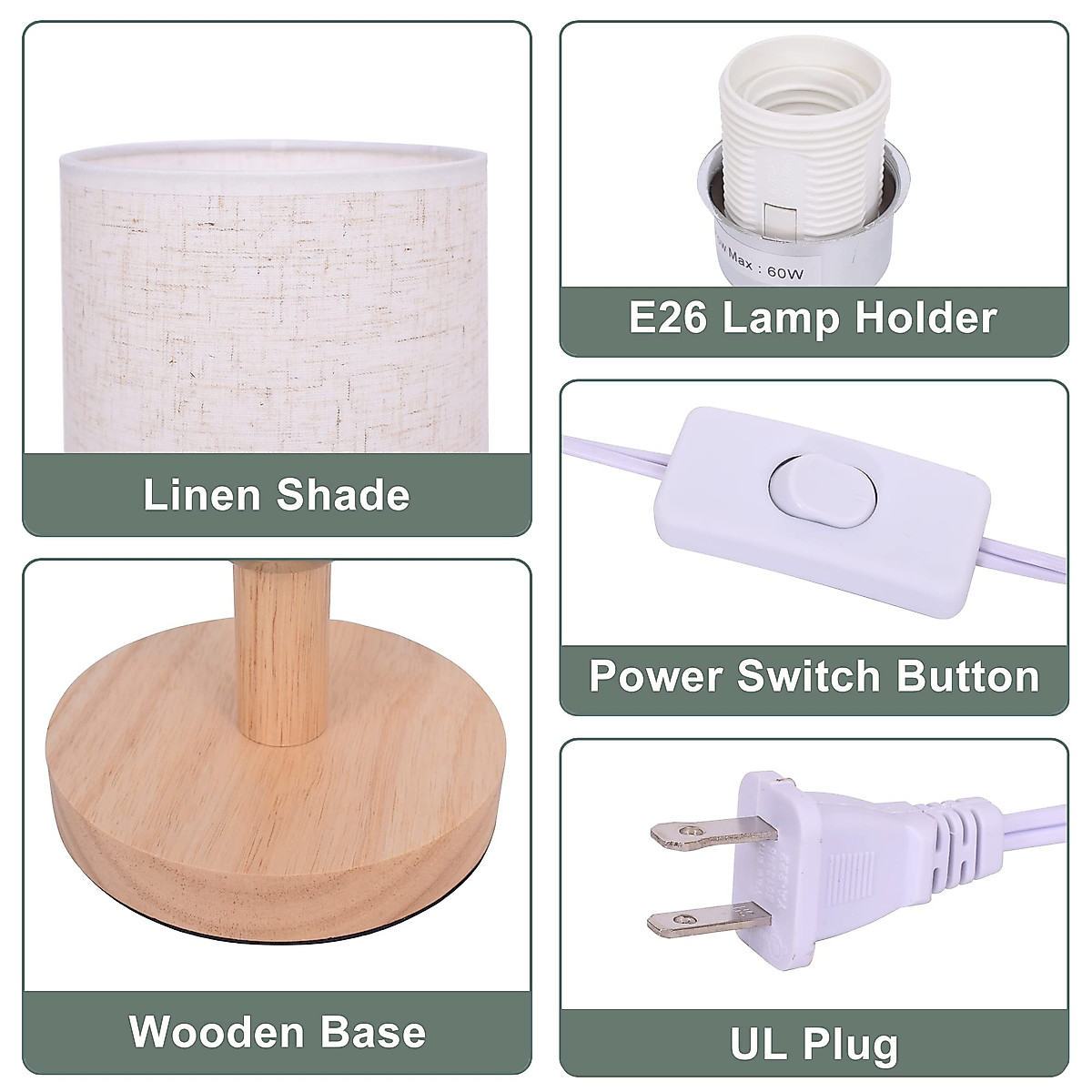 ACHUAI Small Table Lamp-Wooden Bedside Lamp Simple Bedroom Lamp Linen Shade Mini Desk Lamp Night Light Nightstand Lamp for Bedroom,Living Room,Kids Room (Including LED Bulbs) (Square)