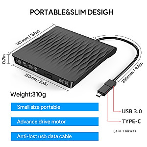 YOTUO External DVD Drive for USB 3.0 Type C, Portable DVD Write CD Burner RW ROM Optical Drive Player Reader Disk Disc with Laptop Desktop PC Windows 11/10/8/7, Mac Pro/Air MacBook, Linux (SY-IDD021)