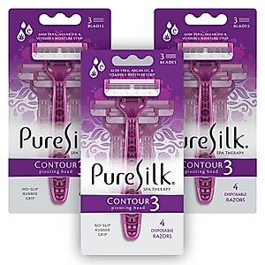 Pure Silk Contour 3 Premium Disposable Razor Value Pack Bundle (3 Packs/12 Total Razors)