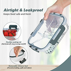 KOMUEE Glass Meal Prep Containers 3 Compartment with lids, 5 Pack 36 oz, Airtight Food Storage Glass Lunch Bento Box, Dishwasher and Microwave Safe,Gray