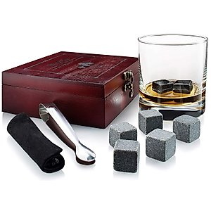Gift Set of 8 Whiskey Chilling Stones [Chill Rocks] - in Premium Wooden Gift Box with Stainless Steel Tongs and Velvet Carrying Pouch - Made of Pure Soapstone - by Quiseen