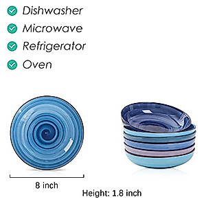 Selamica Porcelain 26 Ounce Salad Pasta Bowls, 8 inch Wide and Shallow Serving bowls, Microwave & Dishwasher Safe, Sturdy & Stackable, Set of 6, Gradient Blue