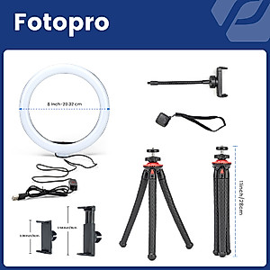 Fotopro 8'' Ring Light Tripod Stand, Selfie Ring Light with Phone Mount Holder and Remote Led Dimmable Ringlight with Flexible Mini Tabletop Tripod for Makeup Vlogging Video Live Streaming