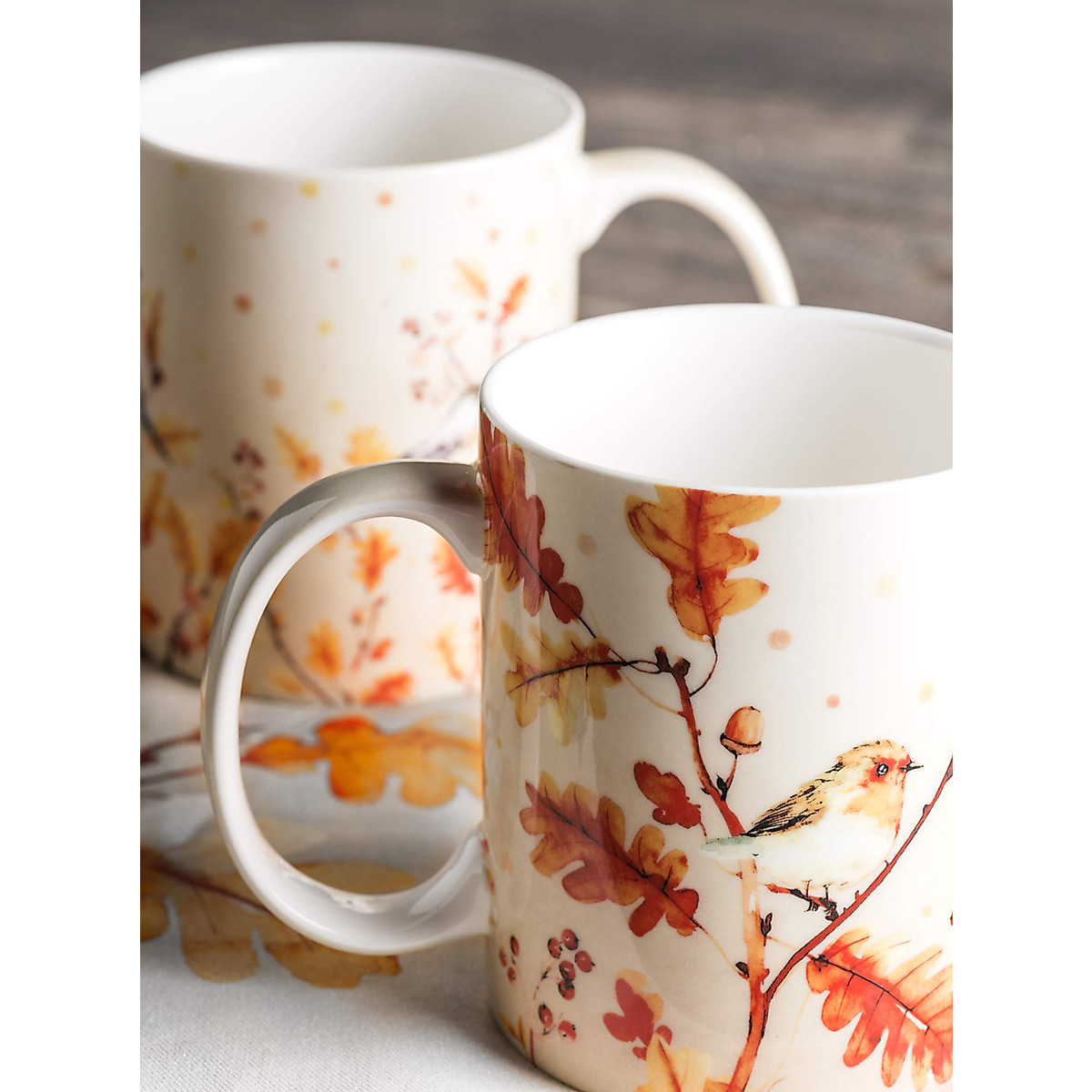 Maison d' Hermine Coffee Mug Set with Handles Fine Bone China Mug Pack of Two for Restaurant Microwave & Dishwasher Safe Perfect Gifts for Mothers Day Teacher Men & Women (Oak Leaves, 12 Ounce)