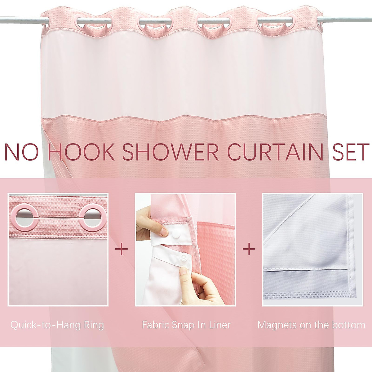 VIUOON No Hook Waffle Weave Shower Curtain with Snap-in Fabric Liner Set, Hotel Style with See Through Top Window, 230GSM Heavy Duty Fabric, Waterproof & Washable for Bathroom, 71W x 74H, Pink