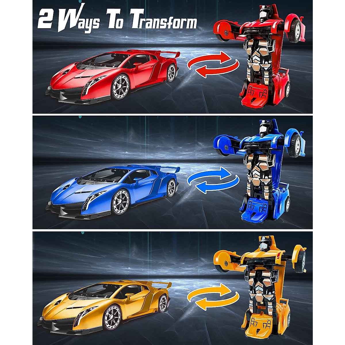 AMENON 3 Pack Transform Toys Robot Car Toys for Boys, 1:36 Automatic Deformation Push and Go Car Vehicle Toy Race Car for Kids Birthday Gifts