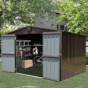 UBGO Outdoor Storage Shed 8.2' x 6.2',Garden Tool Storage Shed,Metal Steel Utility Tool Shed Storage House with Double Lockable Doors & Air Vents for Backyard Patio Garden Lawn-Brown