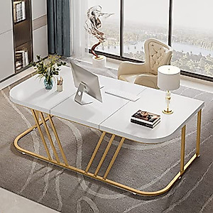 LITTLE TREE 63 inches Executive, Home Office Computer Desk Modern Glod Large Conference Table with Metal Frame, Gold & White