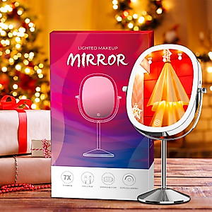 LOVESPEJO 9''Lighted Makeup Mirror with Magnification, 1X/7X Magnifying Mirror, Rechargeable Double Sided Oval LED Makeup Mirror, 3 Colors Dimmable Lighted Makeup Mirror，360° Rotation Cosmetic Mirror