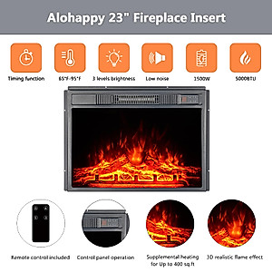 23" Electric Fireplace Insert 1500W Stove Heater for TV Stand with Recessed Mounted Flame LED Logs, Timer Setting, Remote Control Fireplace Heater, Adjustable Flame Color Brightness (Black)