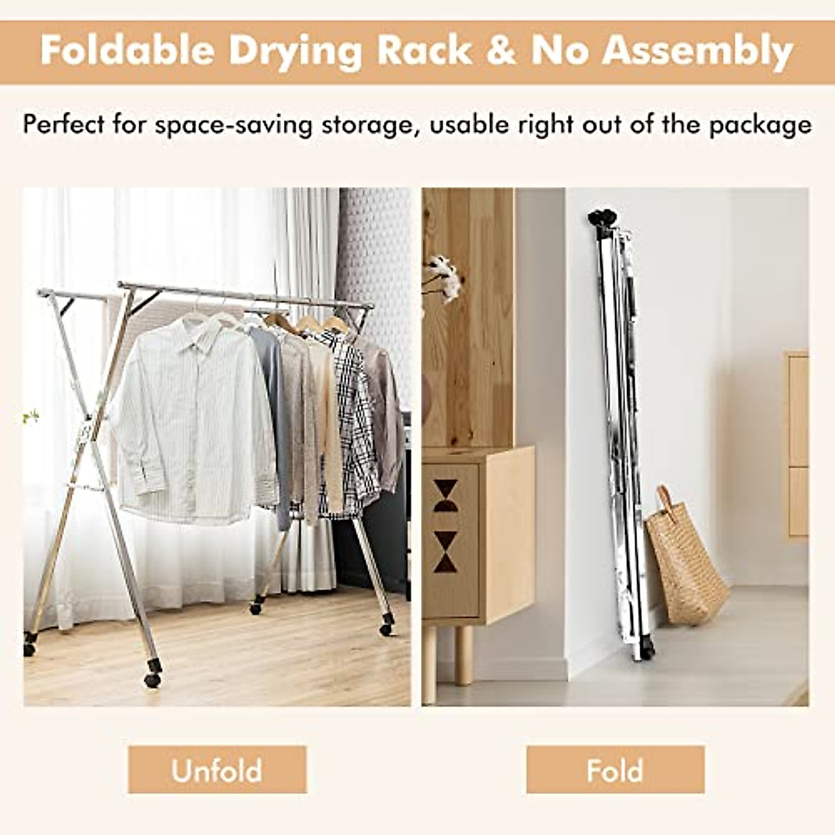 Tangkula Clothes Drying Rack with Wheels, Freestanding Stainless Steel Garment Rack for Laundry, Adjustable and Foldable, No Assembly Need, Space Saving Laundry Drying Rack for Indoor Outdoor