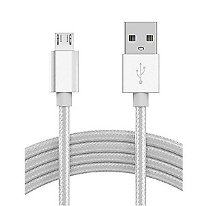TALK WORKS Micro USB Cable 3 Pack 6ft Long Android Phone Charger Braided Heavy Duty Fast Charging Cord for Samsung Galaxy S6 / S7, Tablet, Bluetooth Speaker, Wireless Earbuds Headphones - Silver