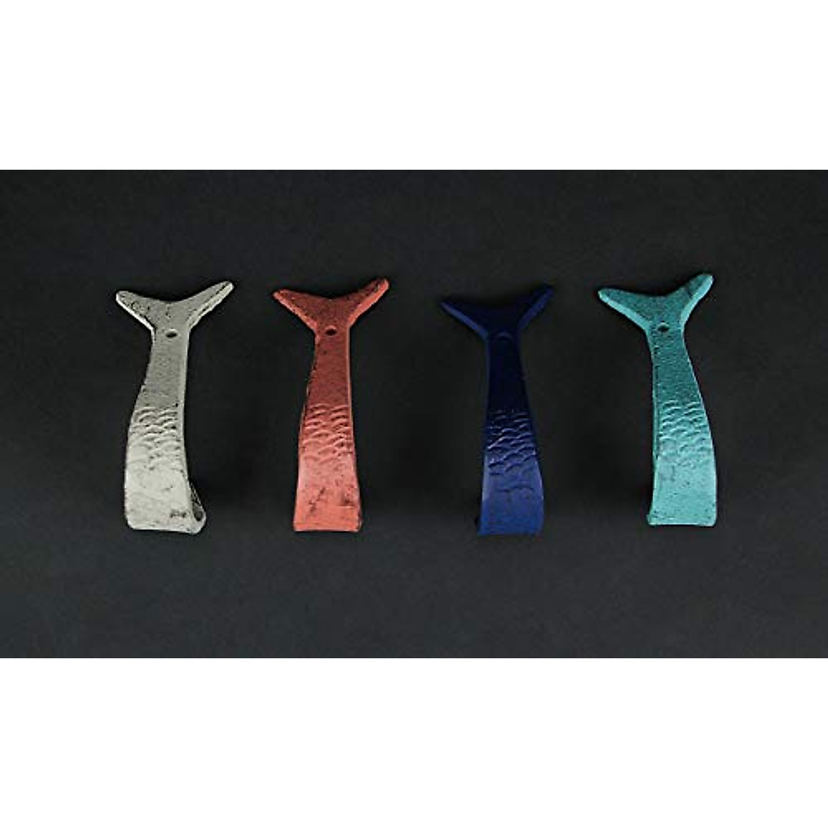 Zeckos Set of 4 Cast Iron Flipping Fish Decorative Wall Hooks Coastal Décor Beach Towel Hanging Decor Rustic Key or Coat Rack