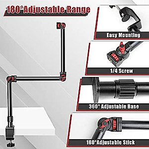 FOUTOUKEEP Flexible Overhead Camera Mount with 1/4“ 3/8" 5/8" Screws, Adjustable 3-Section Camera Stand Clamp with 180° Range & 360° Base, Overhead Webcam Phone Camera Mount for Photography