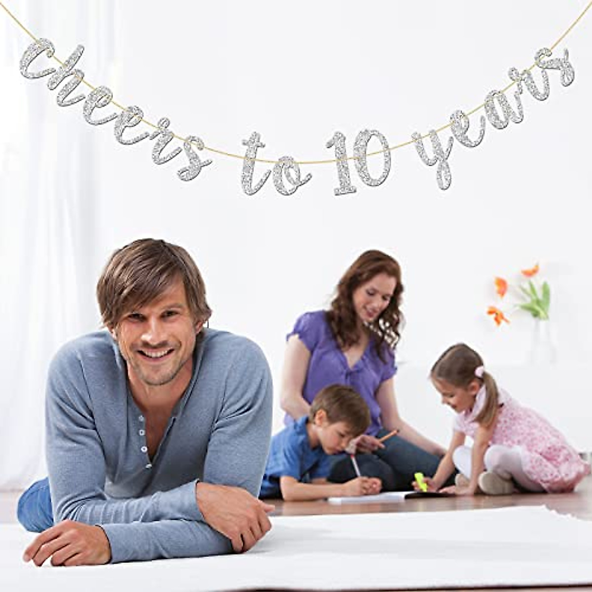 INNORU Glitter Silver Cheers to 10 Years Banner - Child 10th Birthday Sign Bunting 10th Wedding Anniversary Party Bunting Decoration