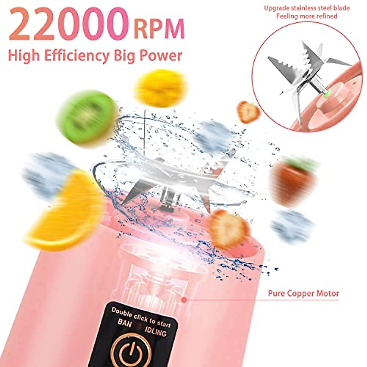13.5oz Portable Blender Smoothies Personal Blender Mini Shakes Juicer Cup for home，office，Outdoors.Multi-purpose USB Rechargeable Blender with Protection Design (pink)