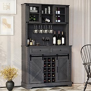 ARTPOWER Wine Bar Cabinet with Sliding Barn Door, 72" Hutch Cabinet with Wine&Glasses Rack, Tall Farmhouse Kitchen Pantry Buffet Cabinet with Drawers for Dining Room, Gray