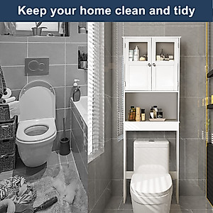 FCH Bathroom Shelf Over Toilet Storage Space Saver Bathroom Cabinet Organization Wood Storage Cabinet White Finish 23 1/4"(L) x 8 11/16"(W) x 66 15/16"(H)