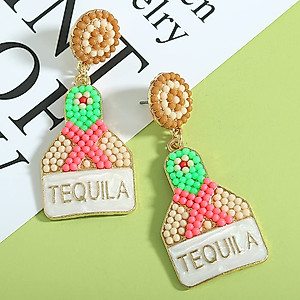 Fashion Cute Animal fruits Sparkling Crystal Earrings for Women Summer Beaded Statement Jewelry - Perfect for Beach Holidays and Parties(Tequila bottle - White)