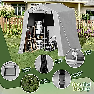 Greesum 6 x 6 x 7 ft Storage Shed Canopy Portable Shelter Heavy Duty Outdoor Carport with Roll-up Zipper Door for Bike, Motorcycle, Garden Storage, Waterproof and UV Resistant, Gray
