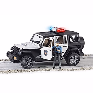 Bruder Toys - Emergency Realistic Jeep Wrangler Unlimited Rubicon Police Vehicle with Light Skintoned Policeman and Light and Sound Module with 4 Different Sounds - Ages 4+