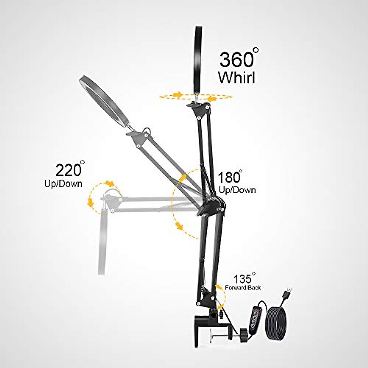 NOEVSBIG Magnifying Lamp with Light, 3 Adjustable LED Light, 10 Brightness 5X Magnifier Desk Clip on Lamps for Close Reading/Office/Hobbies/Crafts Reading Table Work Clamp Lights(20 INCH)