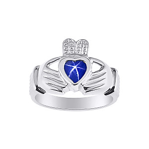 Rylos Rings Sterling Silver Claddah Love, Loyalty & Friendship Heart 6MM Gem Irish Wedding Band Claddagh Rings Blue Star Sapphire Jewelry Size 10
