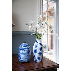 TERESA'S COLLECTIONS Blue Ceramic Vase for Modern Home Decor, Blue and White Vases for Flowers, Glazed Vases with Brush Effect for Centerpieces, Shelf, Living Room, Mantel -Set of 2, 7&8 inches