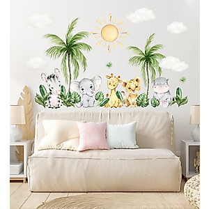 Cartoon Tree Animal Wall Stickers Safari Jungle Animal Wall Decals Cute Animal Wall Stickers Jungle Tree Wall Decals Zoo Animal Wall Stickers for Baby Room Nursery Living Room