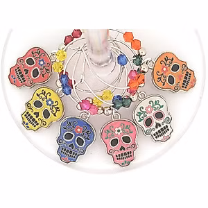 Cinco De Mayo Skull Wine Charms, Day Of The Dead Sugar Skull Glass Identifier Tags, Halloween Glass Markers, Halloween Wine Charms, Party Supplies - 6 Wine Charms/pack