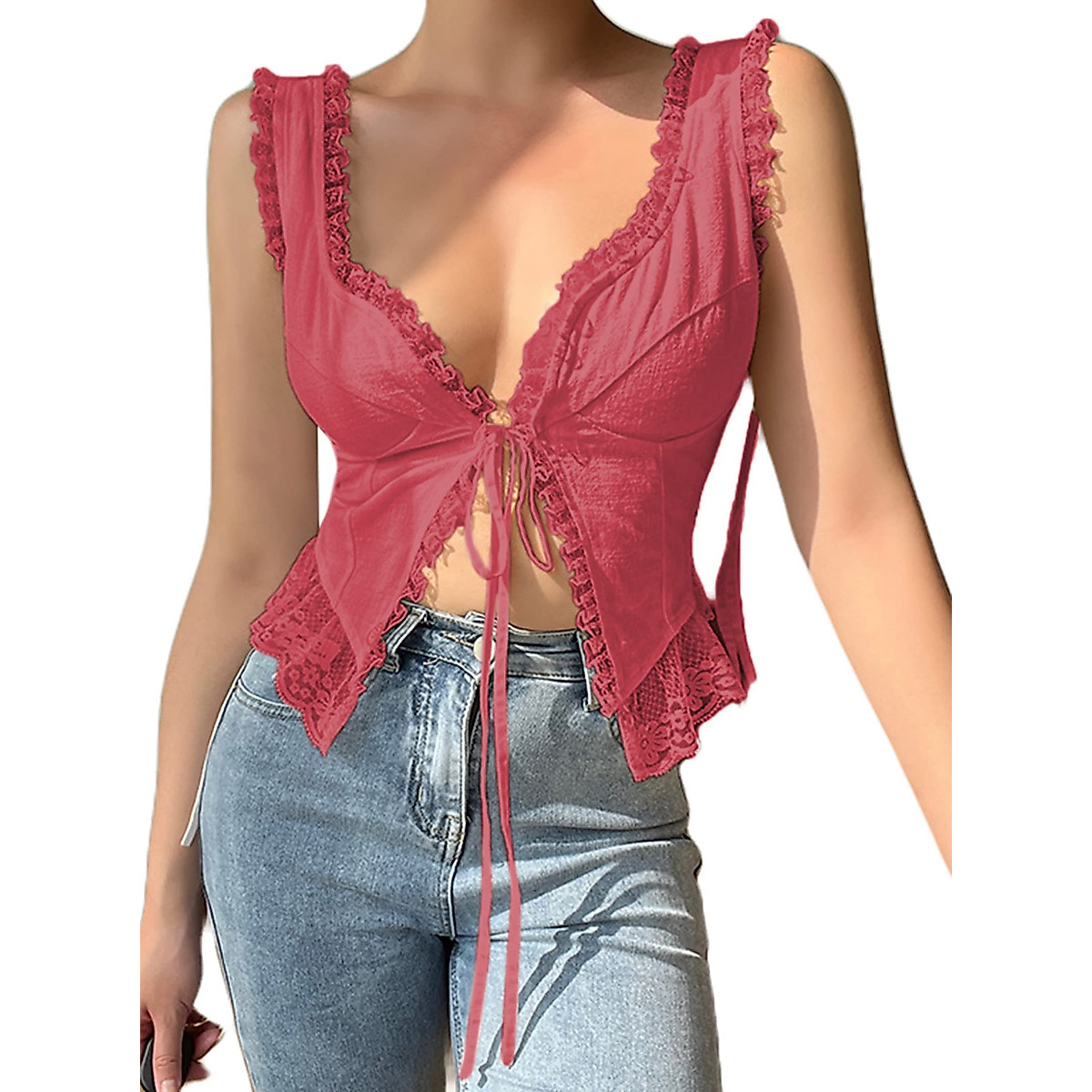 Remidoo Women's Sexy Tie Front Top Lace Trim Tank Open Front Crop Top Going Out Sleeveless Shirt Hot Pink X-Large