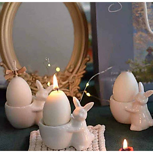 Easter Bunny Porcelain Egg Cup for Soft Hard Boiled Egg, Easter Bunny Rabbit Tealight Candle Holder for Easter Spring Decoration Dinner Dinning Room Table Centerpiece Décor