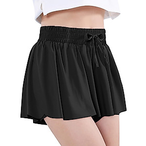 EXARUS Girls Butterfly Shorts Flowy Athletic 2 in 1 Running Skirt Skorts Dance Cheer Tennis Preppy Flutter Gym Kids Activewear Black 10Y