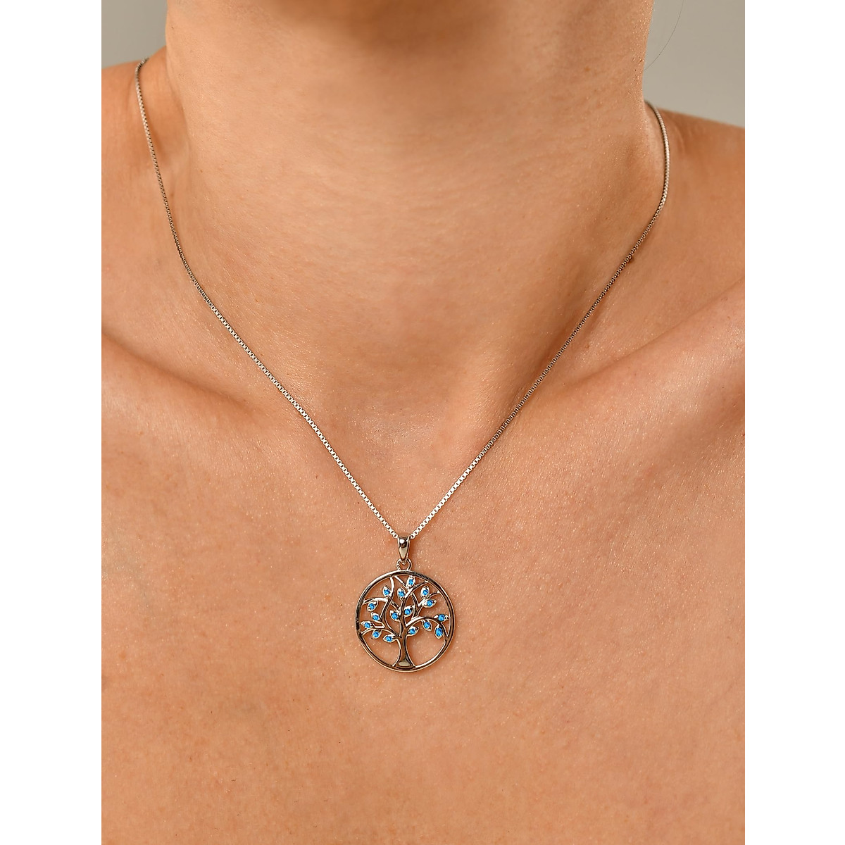 YL Tree of Life Necklace Sterling Silver Created Aquamarine Pendant Round Family Giving Jewelry