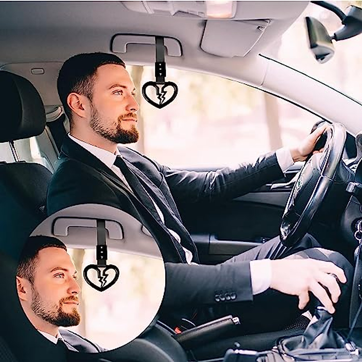 2 PCS Broken Heart Shaped Car Handle Straps Hang Ring Rear Bumper Warning Ring Decorative Subway Train Bus Handle Hand Strap Drift for Car Interior (Black)