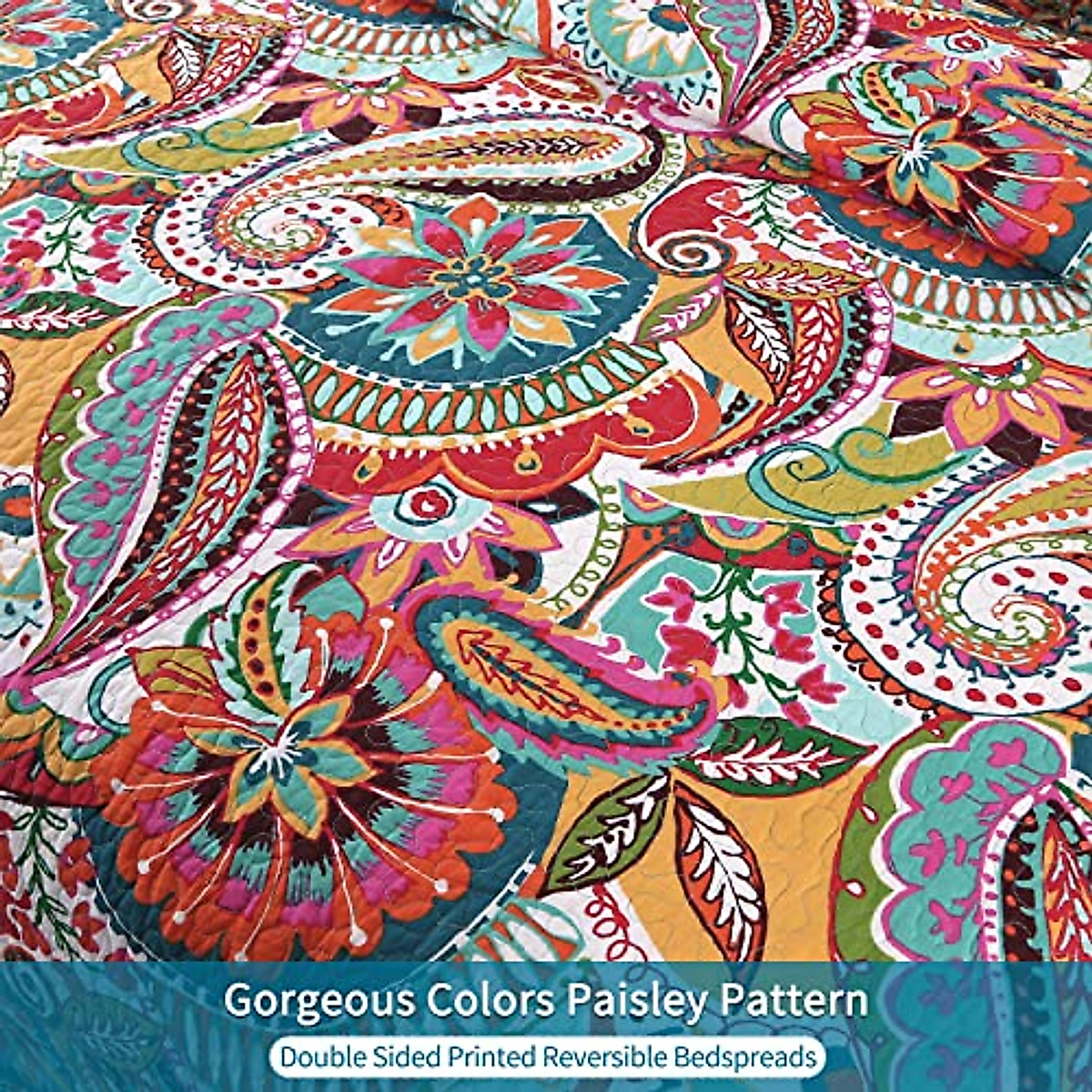 Qucover Quilt Sets Queen, 3-Piece Multicolor Paisley Cotton Queen Bedspread Quilt with 2 Pillow Shams, Patchwork Coverlet Set (Queen 90x98)