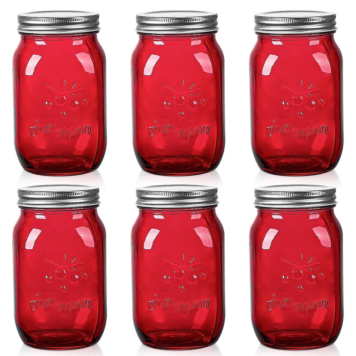 Amzcku 32oz Red Mason Jars with Lids, 6 Pack Wide Mouth Quart Canning Jar, Safe For Storage, Canning, Pickling, Preserving, Fermenting, DIY Crafts & Decor