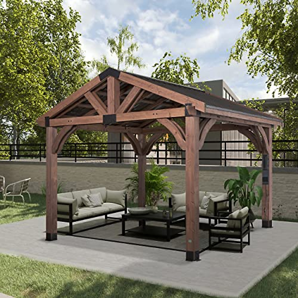 Backyard Discovery Arlington 12x10 All Cedar Gazebo, Walnut, Insulated Steel Roof, Water Resistant, Wind Resistant up to 100 MPH, Withstand 6,391 lbs of Snow