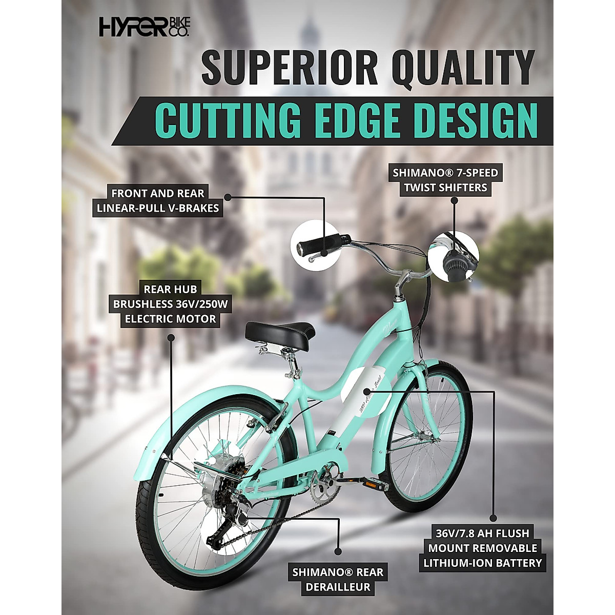 Hyper Bicycles E-Ride 26" Ladies 36V Electric Cruiser E-Bike with Pedal-Assist, 250W Motor, Turquoise